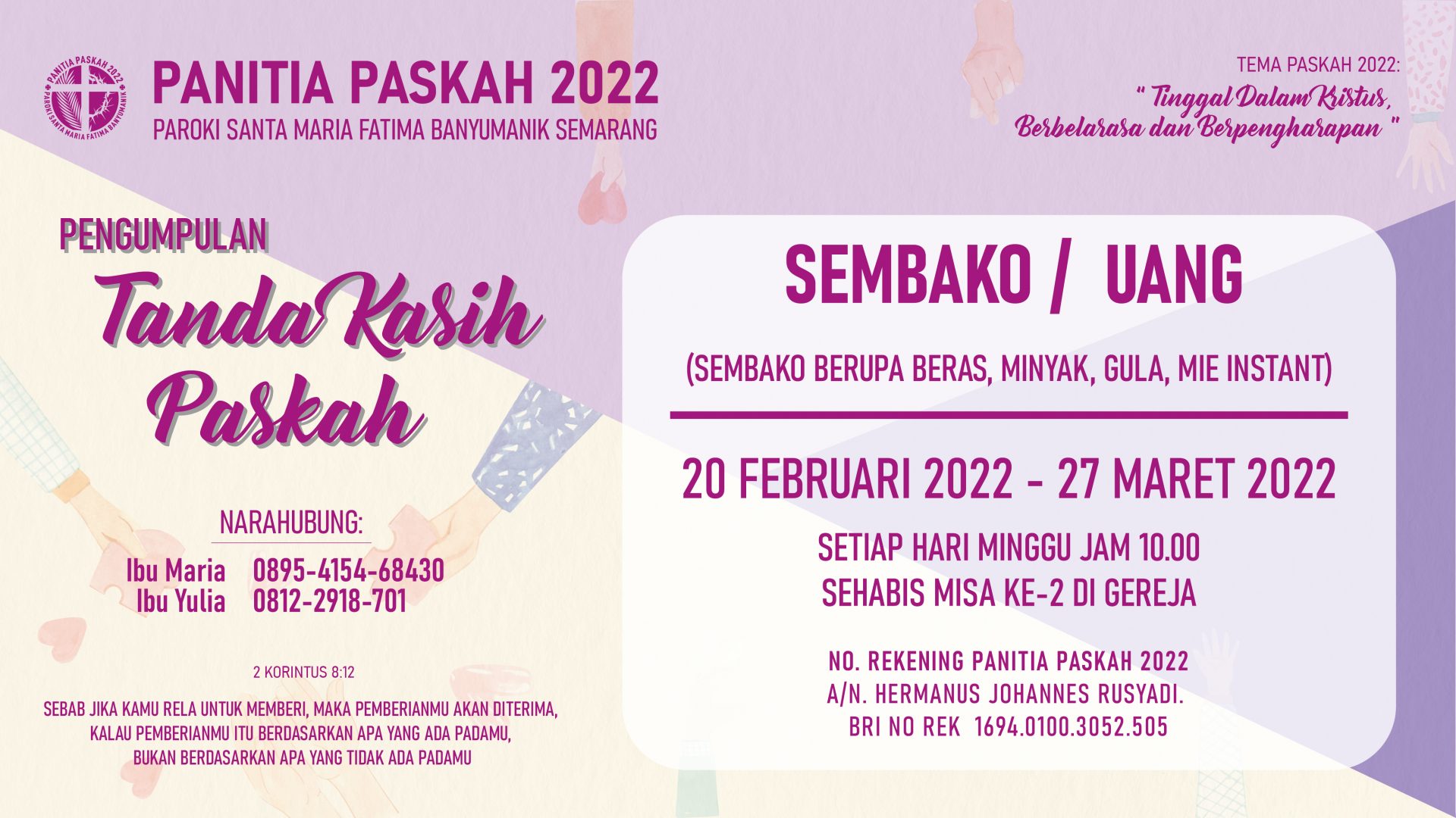 TANDA KASIH PASKAH 2022 – GEREJA SANTA MARIA FATIMA BANYUMANIK